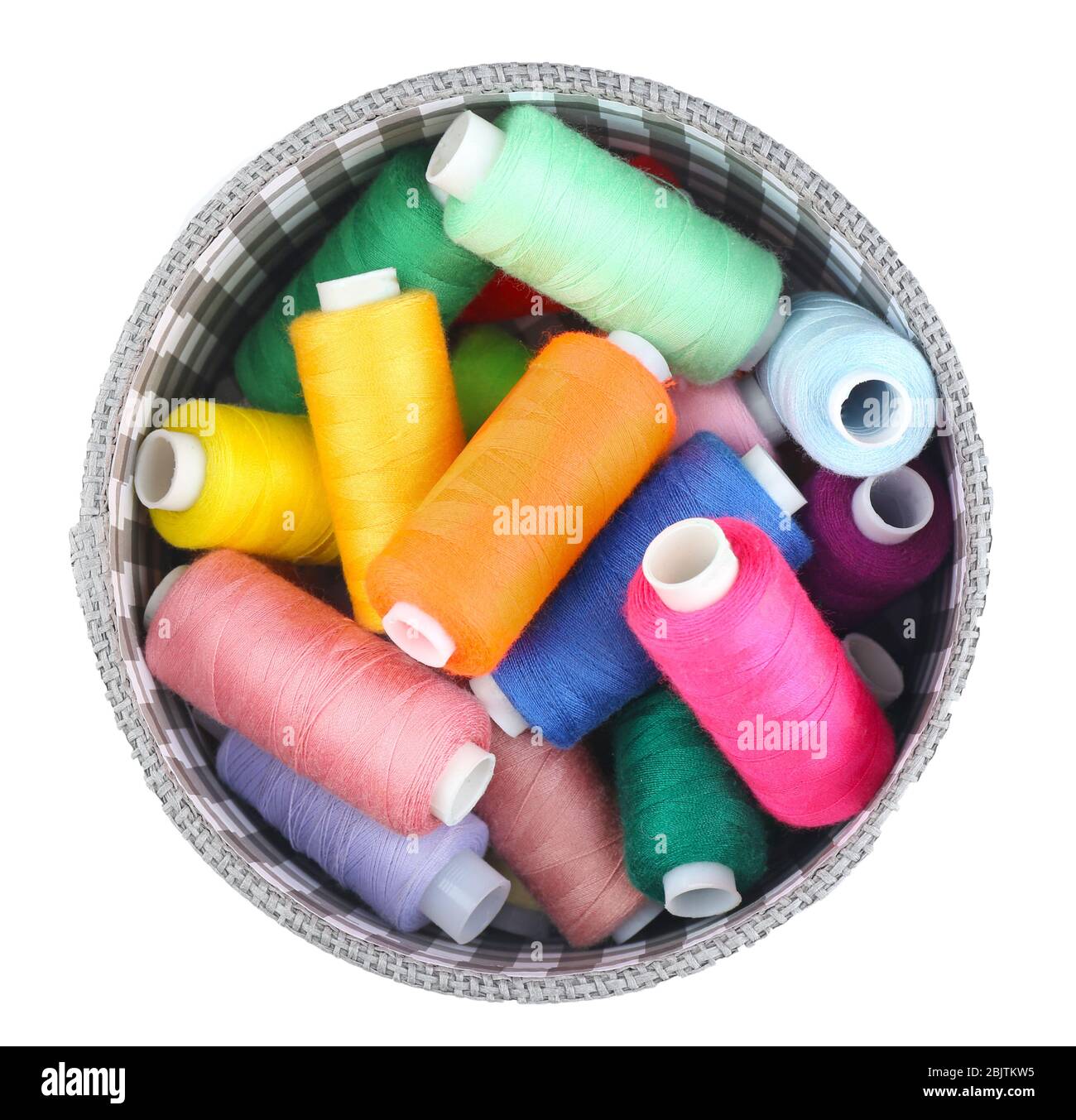 Box with color sewing threads on white background Stock Photo - Alamy