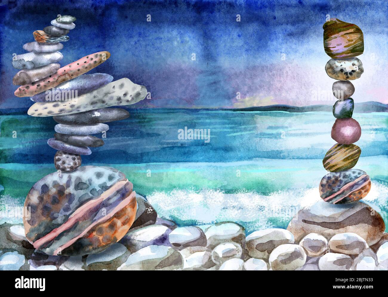 Watercolor hand-drawn landscape with stacks of flat pebbles and ocean ...