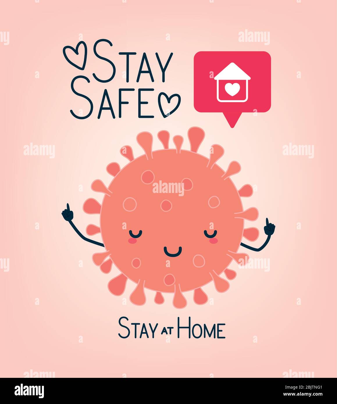 Covid 19 virus cartoon house hearts bubble and stay safe at home text ...