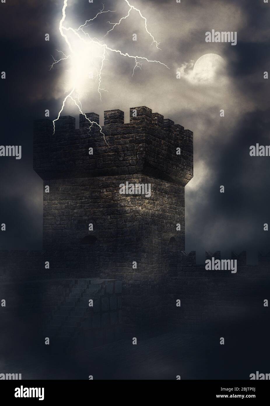 Digital rendered medieval fortress in the heavy fog at night, 3d ...