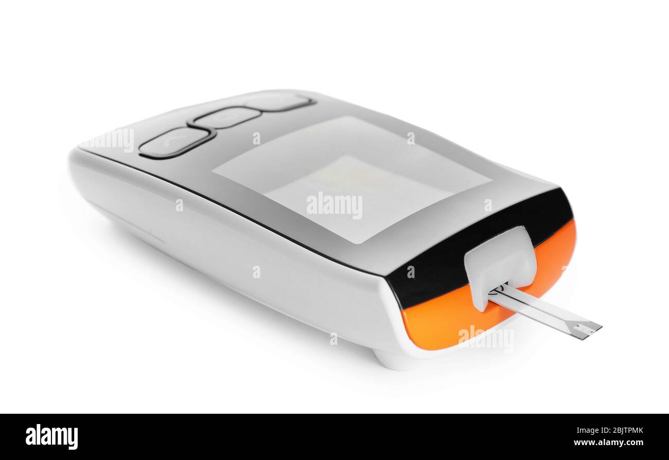 Digital glucometer on white background. Diabetes management Stock Photo ...