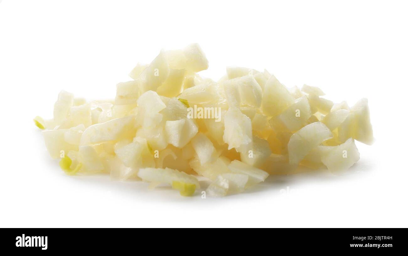Fresh chopped garlic on white background Stock Photo - Alamy