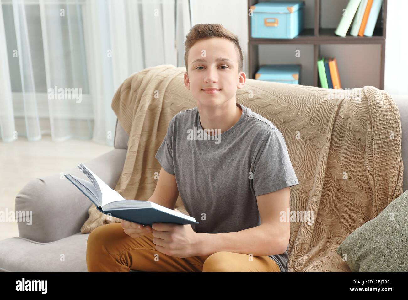 Teenage boy reading book at home Stock Photo - Alamy
