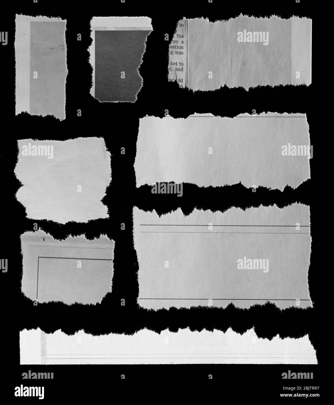 Eight pieces of torn newspaper on black background Stock Photo - Alamy
