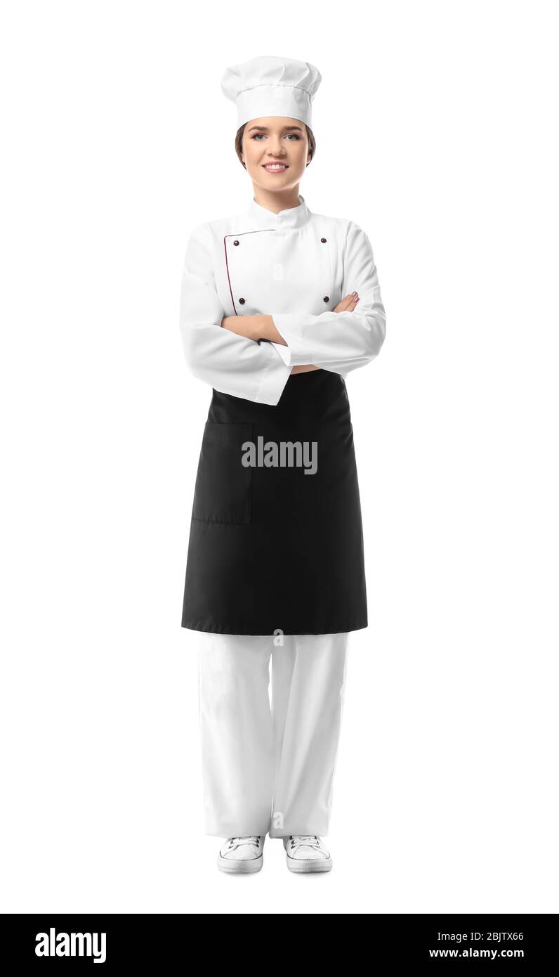 Portrait of female chef on white background Stock Photo - Alamy