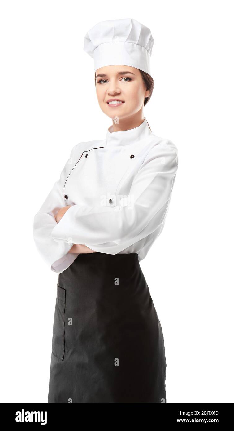 Portrait of female chef on white background Stock Photo - Alamy