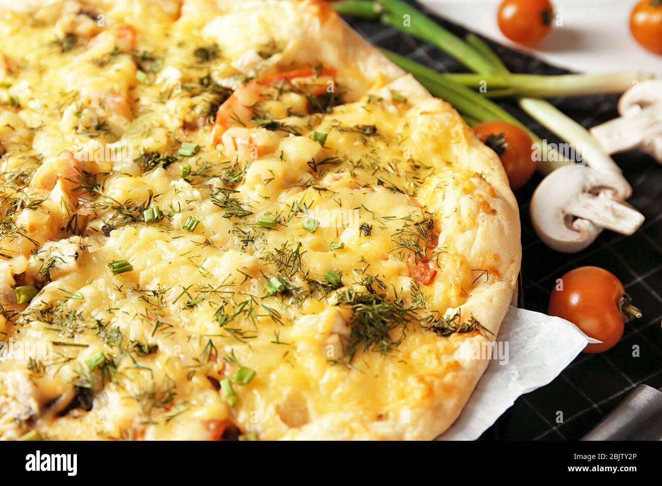 Delicious cheese pizza, closeup. Fresh from oven Stock Photo - Alamy
