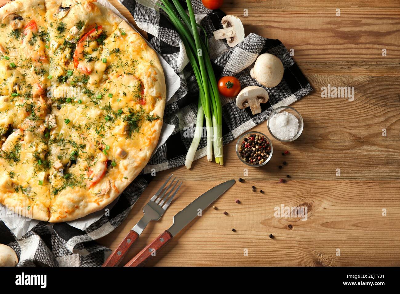 Delicious cheese pizza on table. Fresh from oven Stock Photo - Alamy