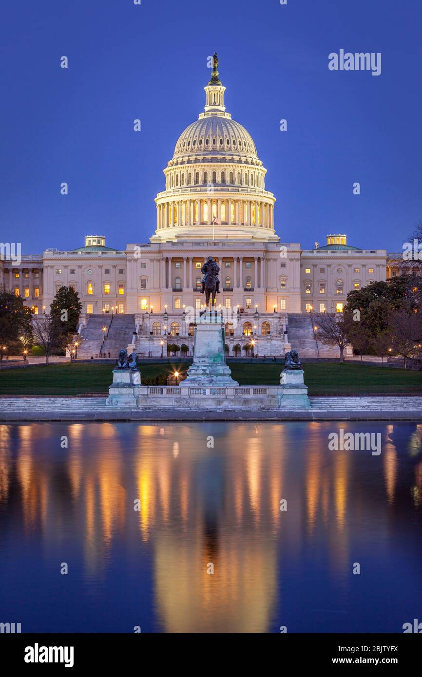 Twilight below the US Capitol Building and statue of Ulysses S. Grant ...