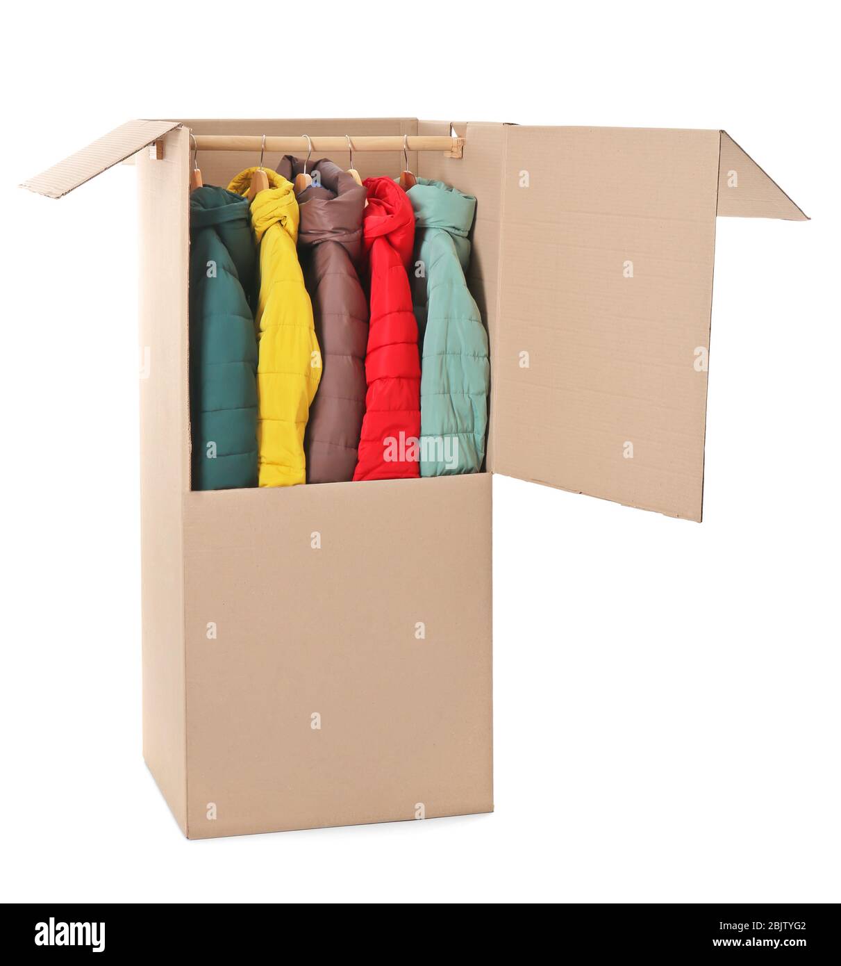 Wardrobe box with clothes on white background Stock Photo - Alamy