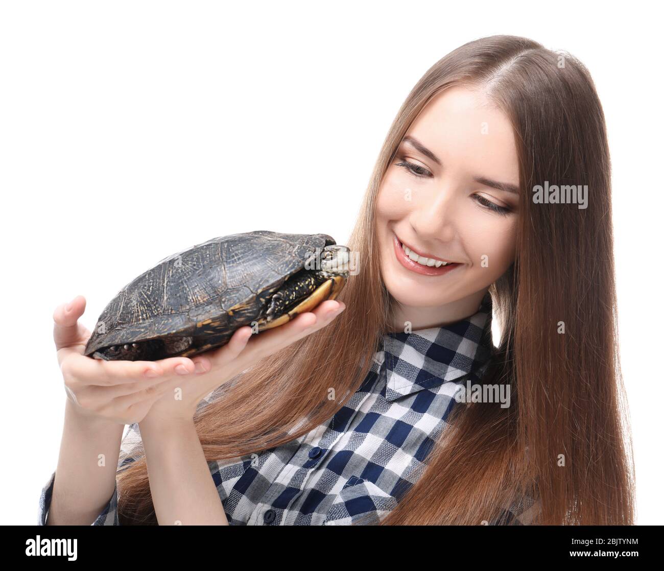 Beautiful young woman with pet turtle on white background Stock Photo ...