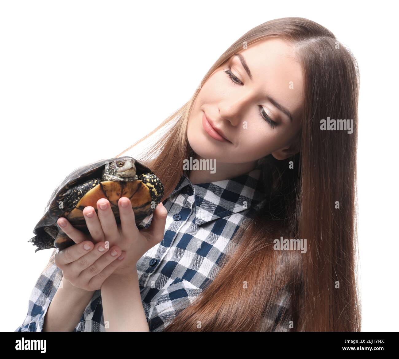 Beautiful young woman with pet turtle on white background Stock Photo ...