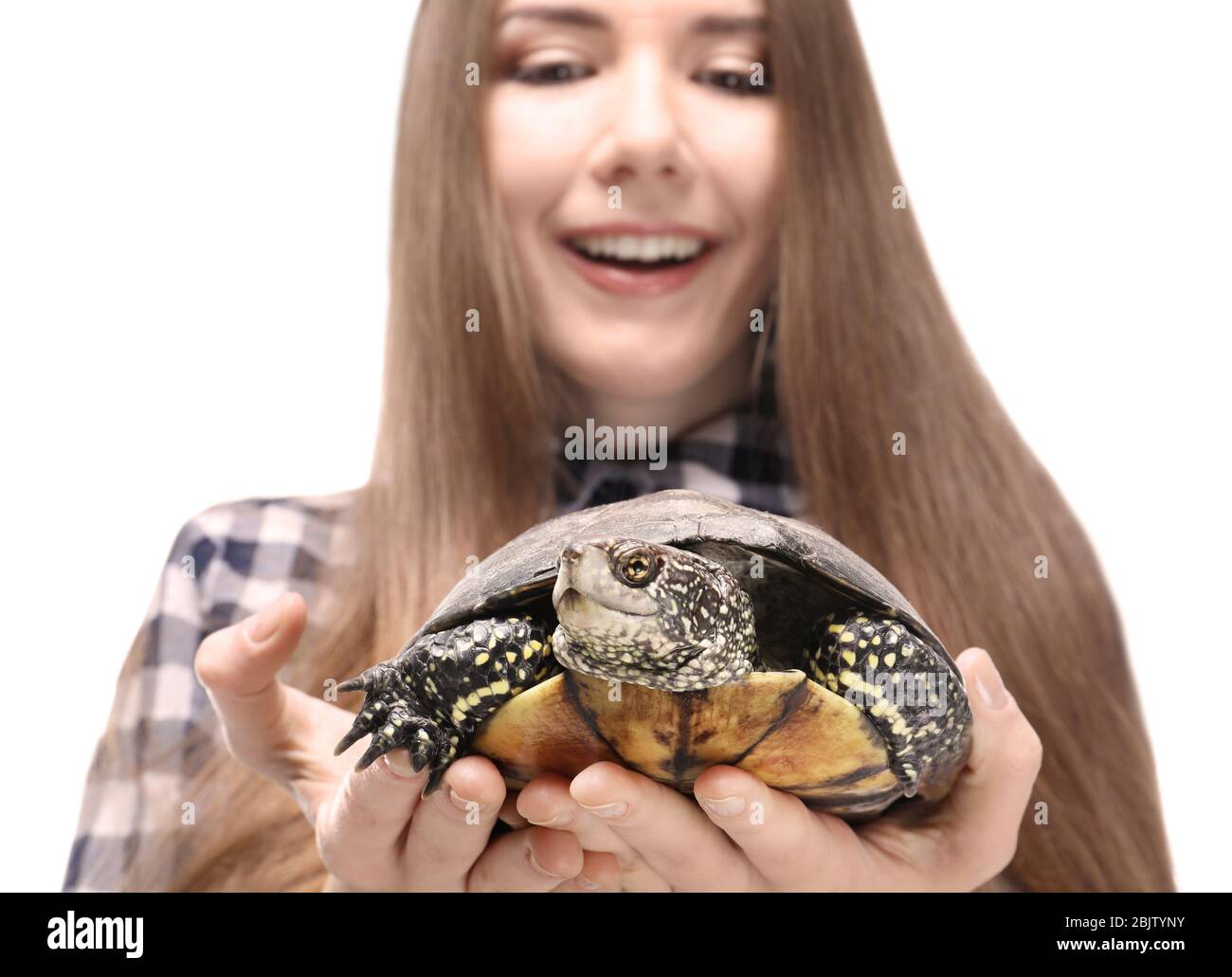 Beautiful young woman with pet turtle on white background Stock Photo ...