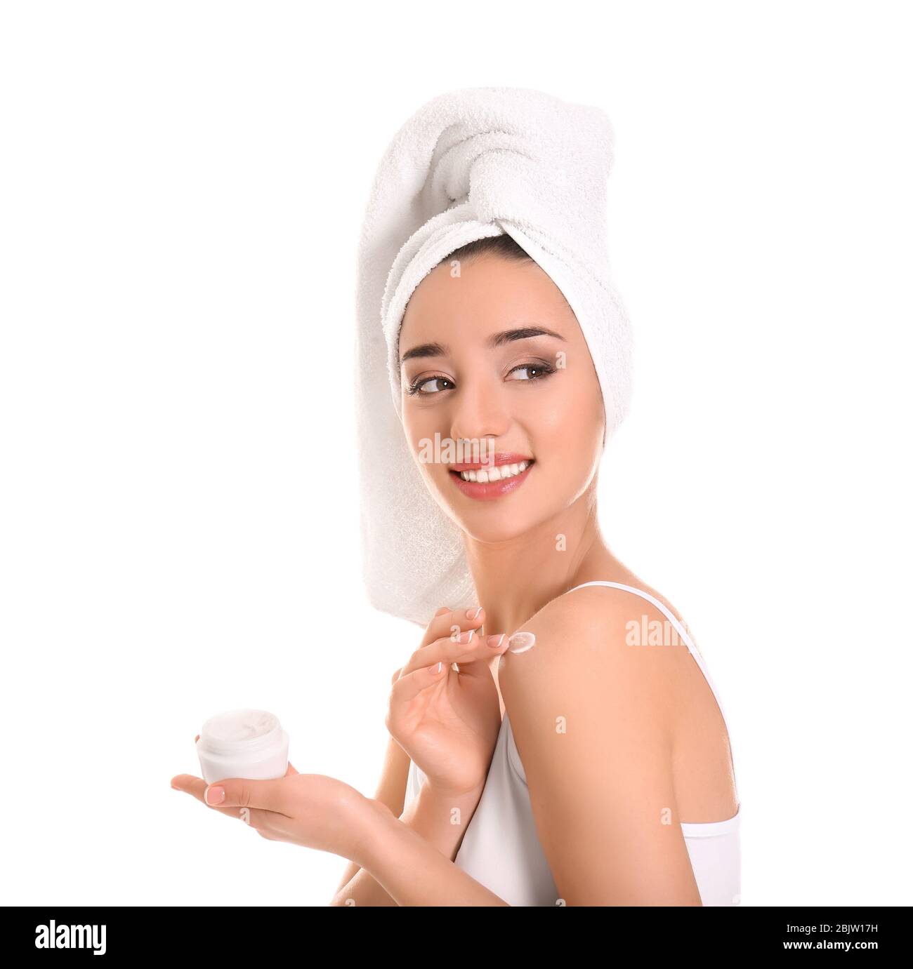 Woman applying body cream on white background Stock Photo - Alamy
