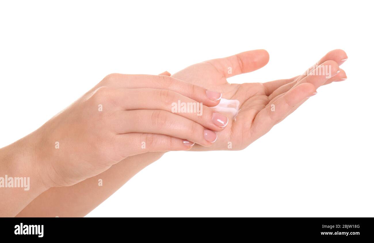Woman applying body cream on white background Stock Photo - Alamy