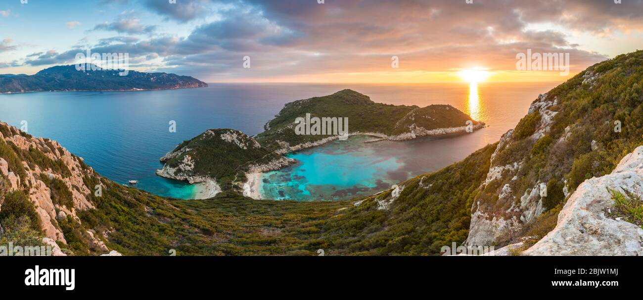 Panoramic sunset view of Porto Timoni Beach, Corfu, Greece Stock Photo ...
