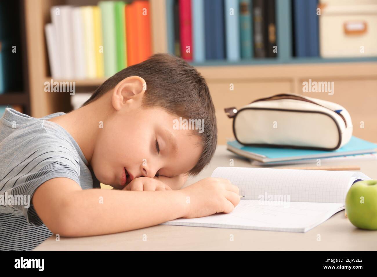 Sleeping little boy tired of doing homework indoors Stock Photo - Alamy
