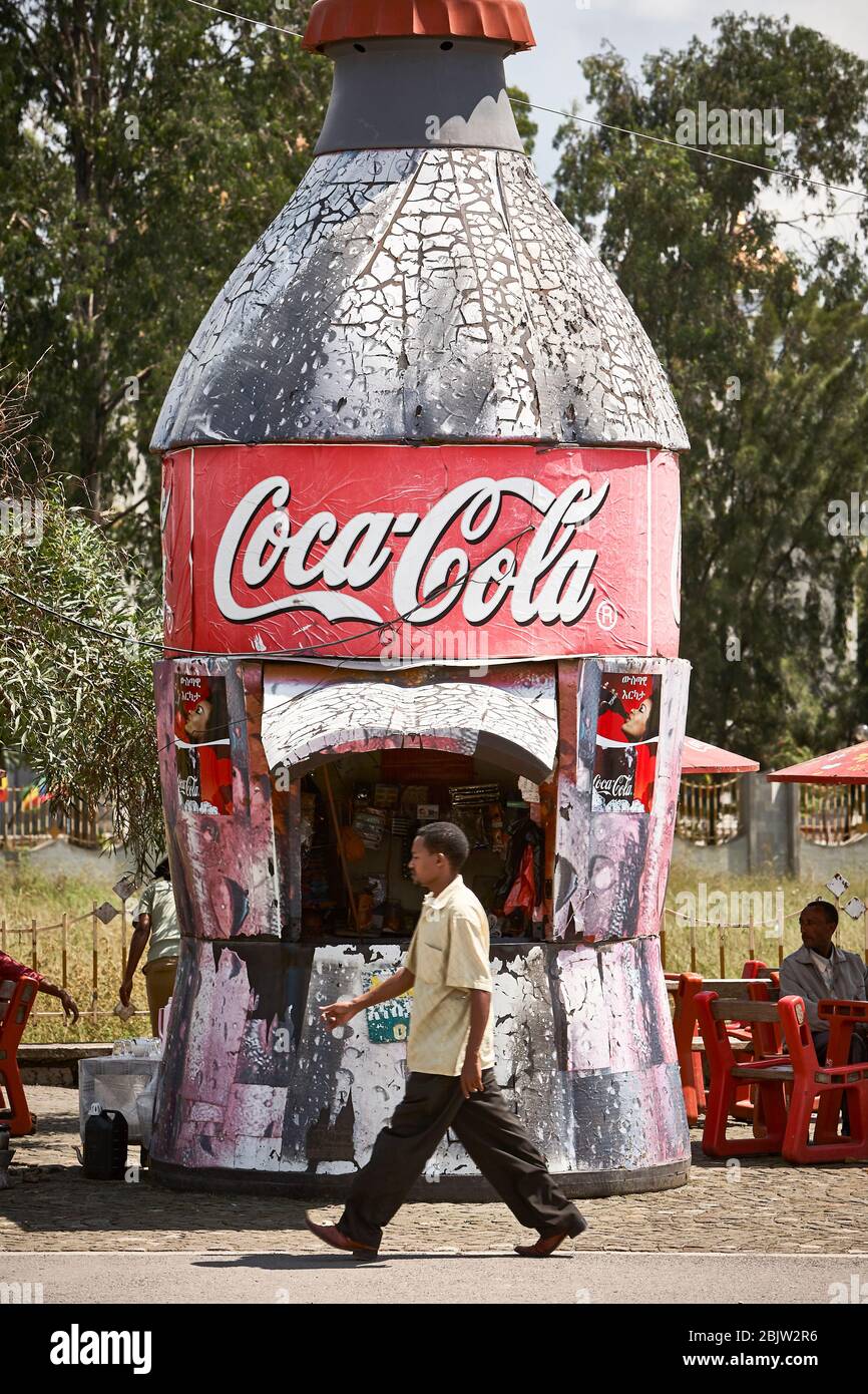 A huge Coca-Cola bottle at the lake shore in Awassa serves as a kiosk ...