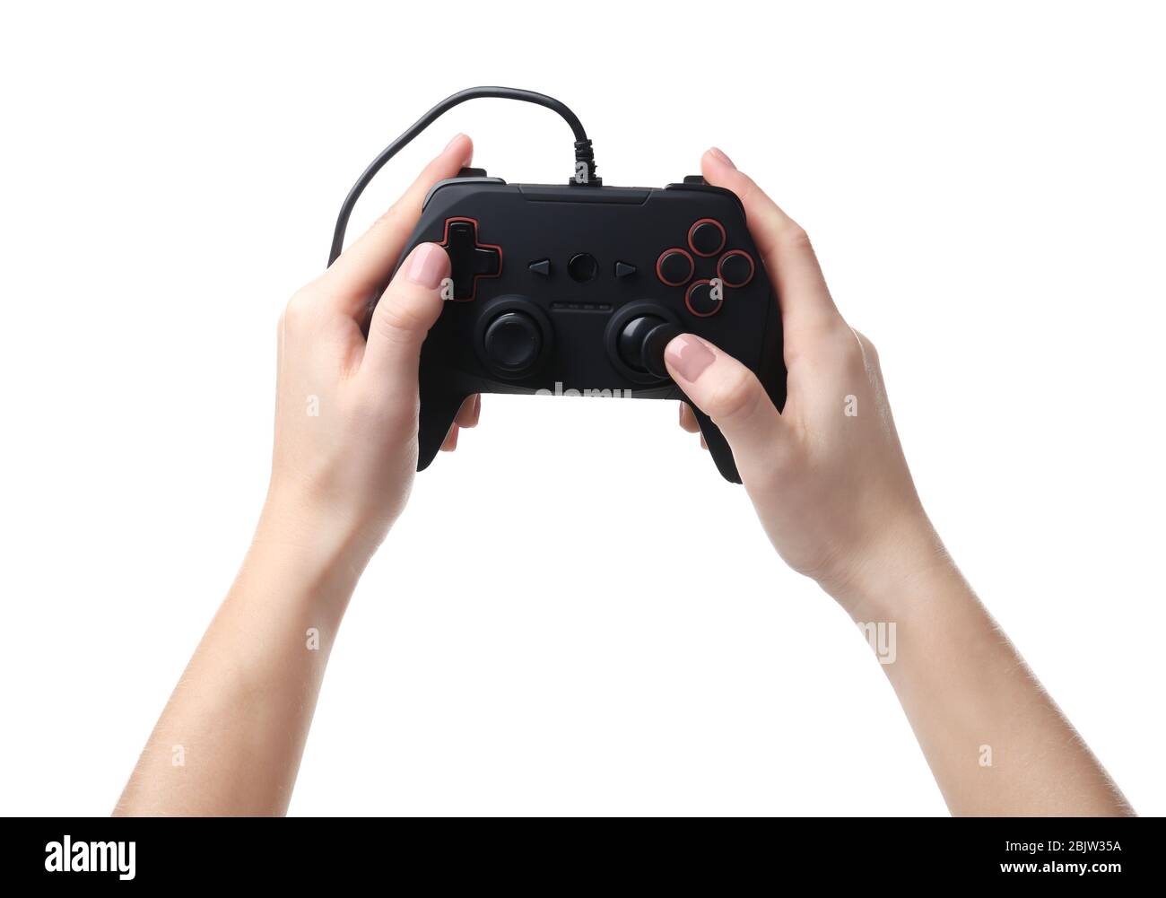 Woman holding video game controller on white background Stock Photo - Alamy