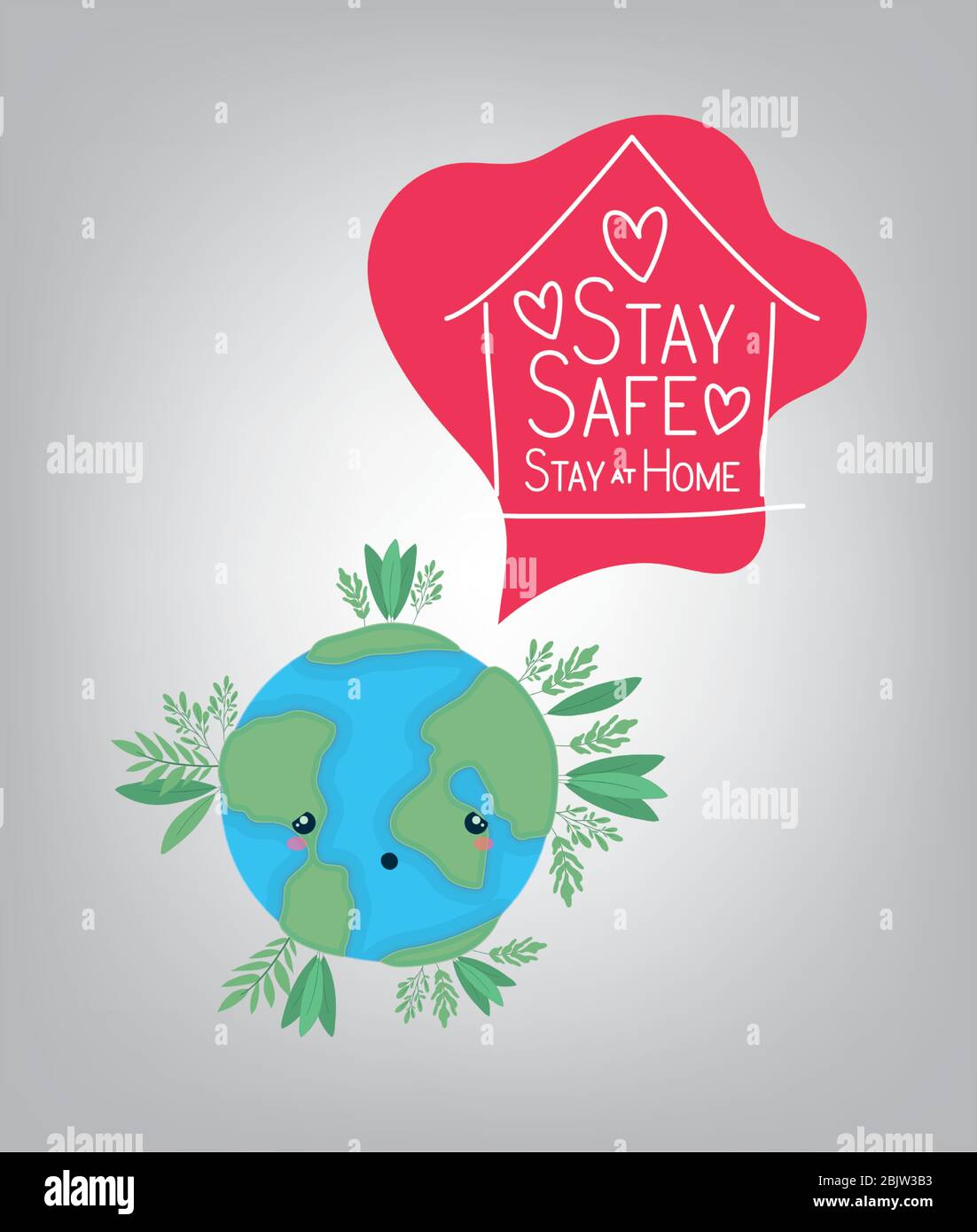 Stay safe and at home text world cartoon house hearts and leaves vector ...