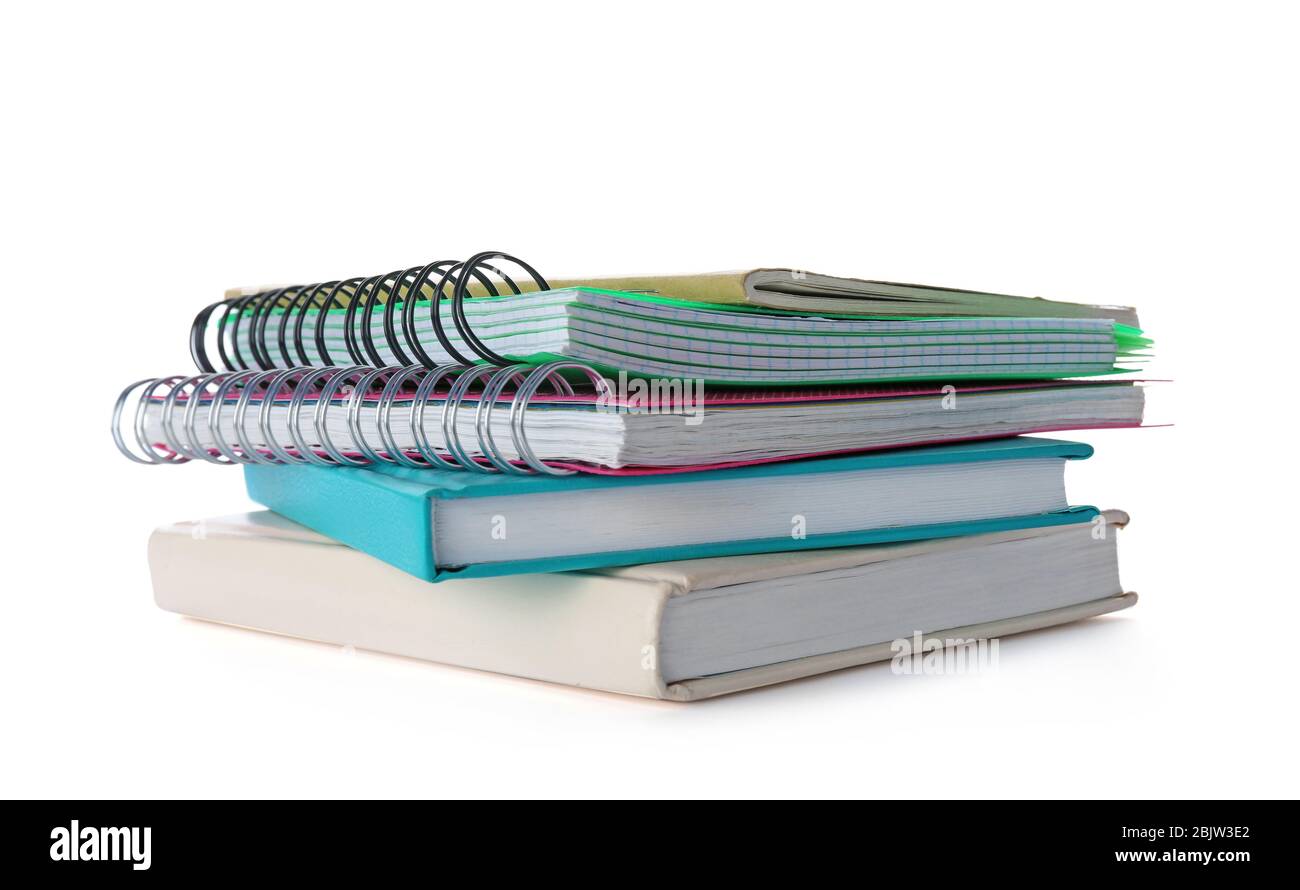 Stack of notebooks and books on white background. Doing homework Stock ...