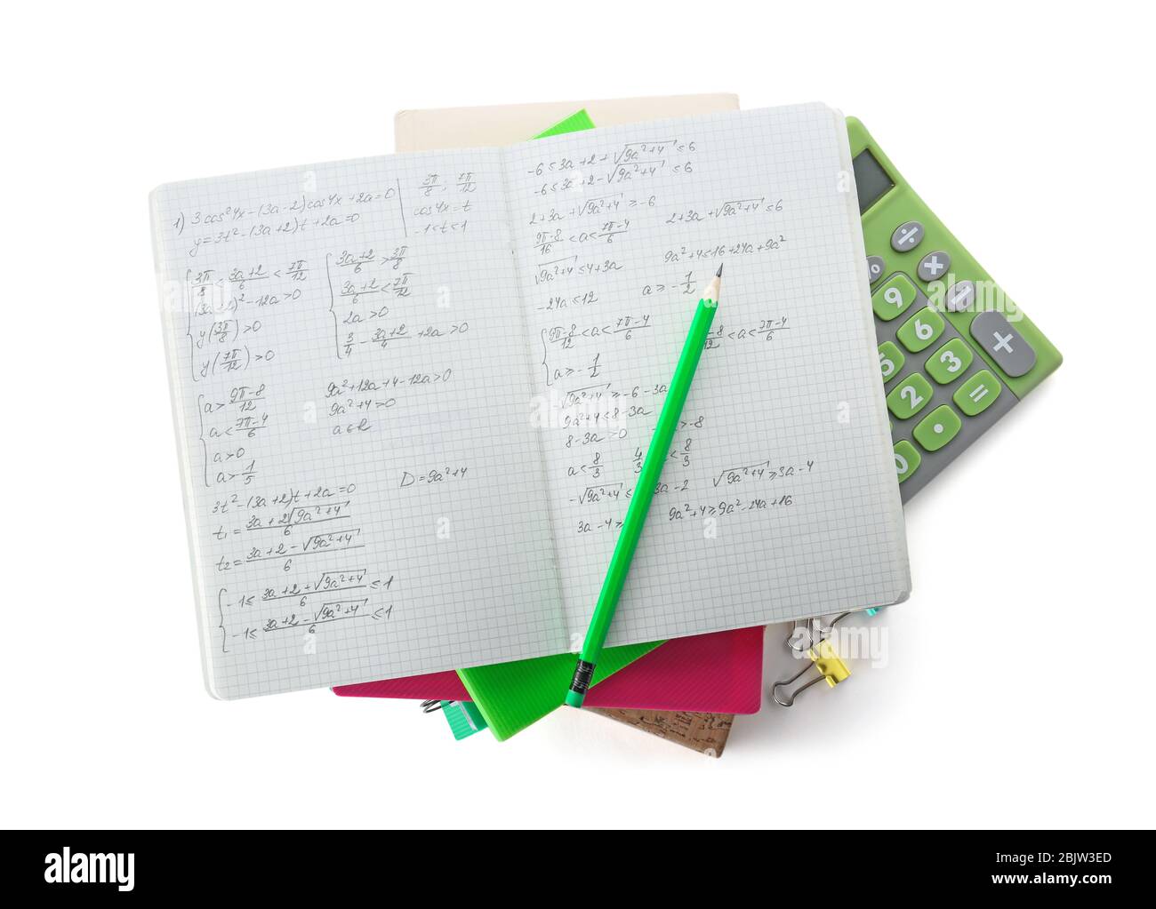 Pile of homework on white background, top view Stock Photo - Alamy