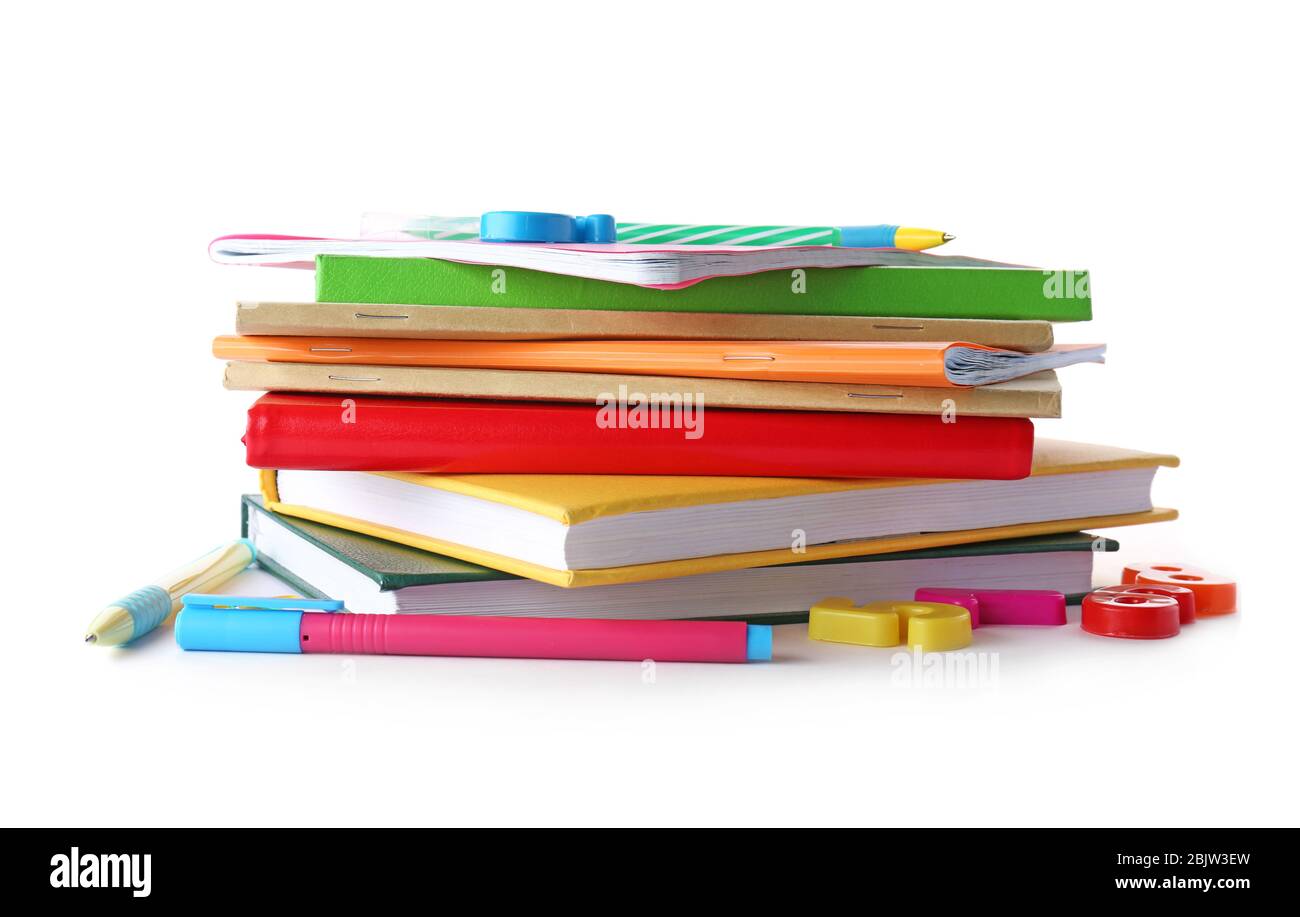 Stack of notebooks and books on white background. Doing homework Stock ...