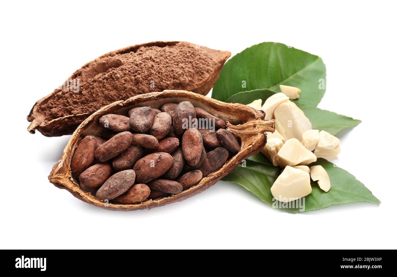 Composition with healthy cocoa products on white background Stock Photo ...