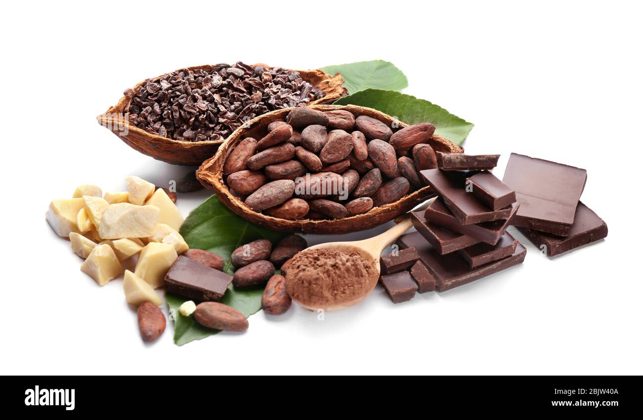 Composition with healthy cocoa products on white background Stock Photo ...