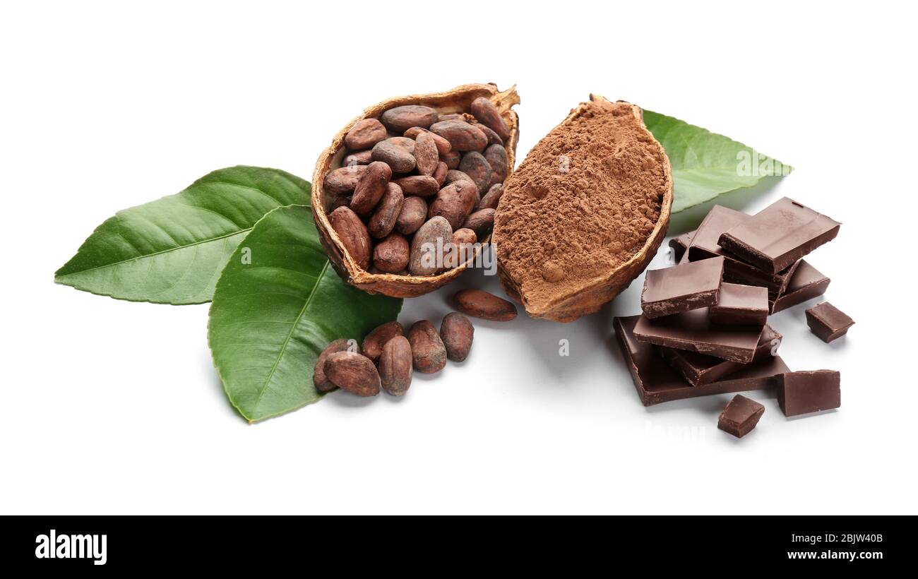 Composition with healthy cocoa products on white background Stock Photo ...