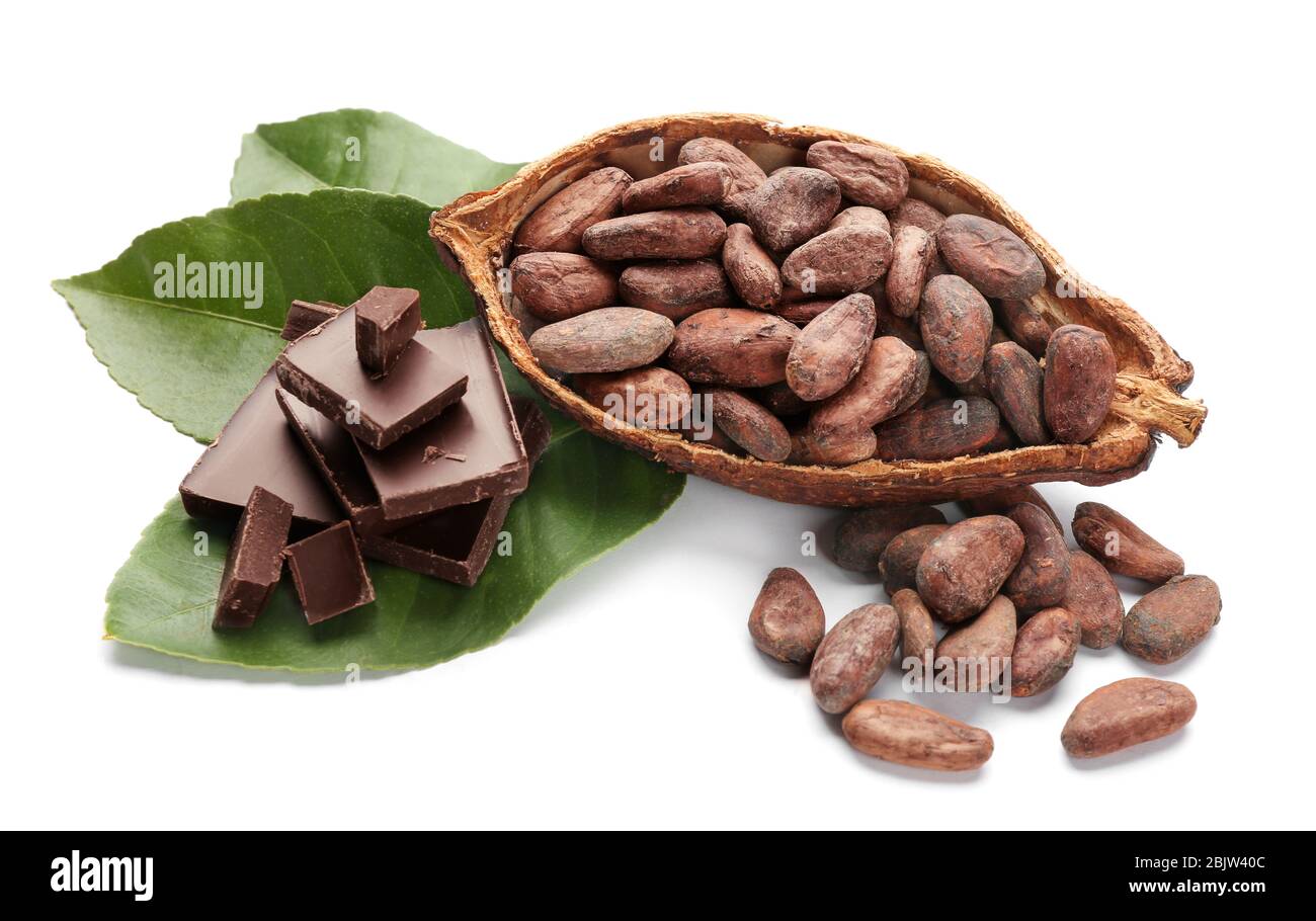 Composition with healthy cocoa products on white background Stock Photo ...