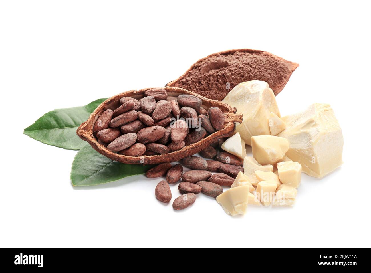 Composition with healthy cocoa products on white background Stock Photo ...