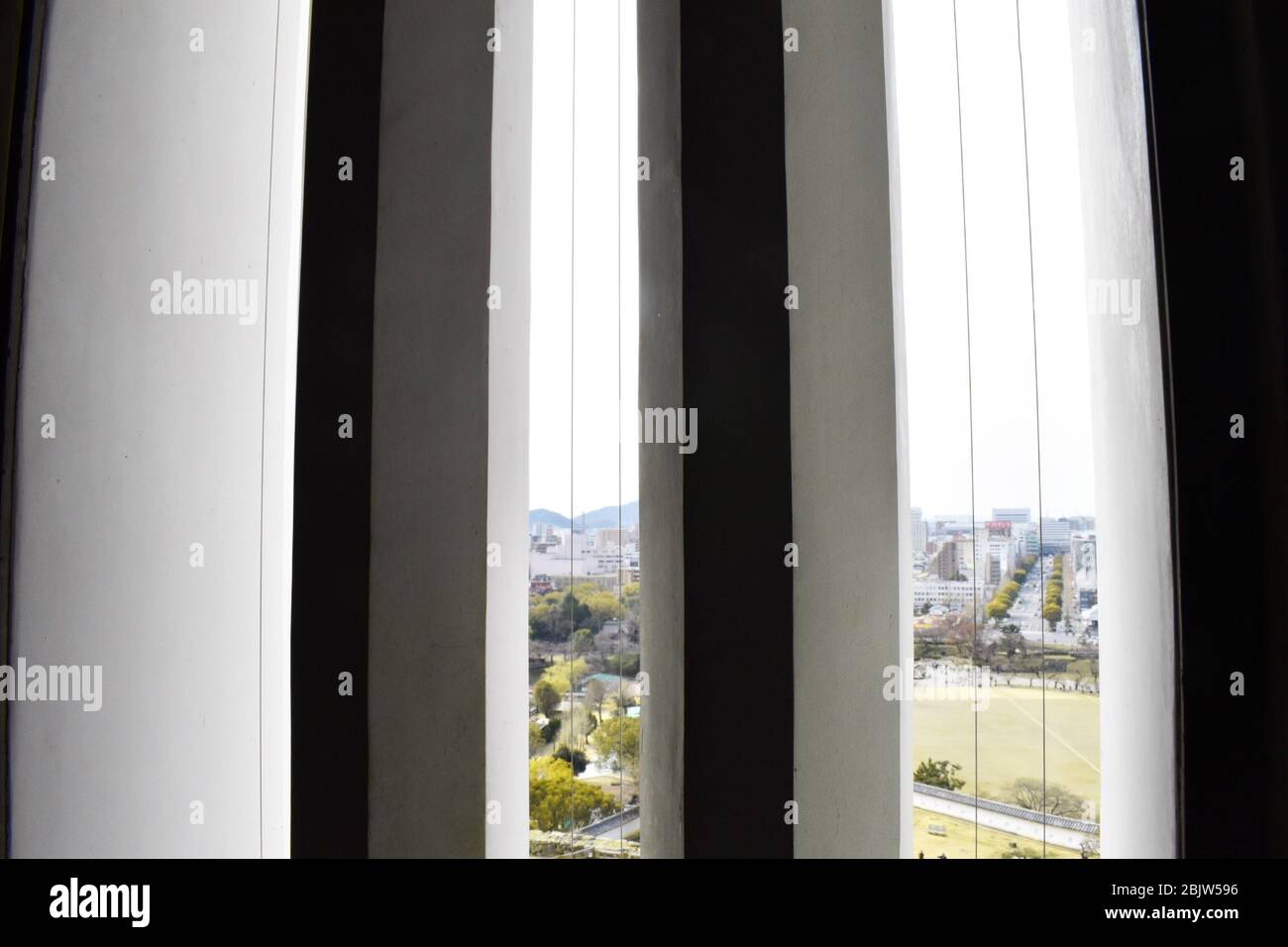 View from historical and traditional style of window in castle Himeji ...