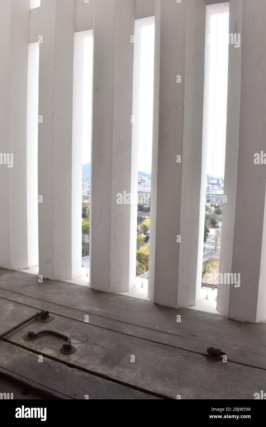 View from historical and traditional style of window in castle Himeji ...