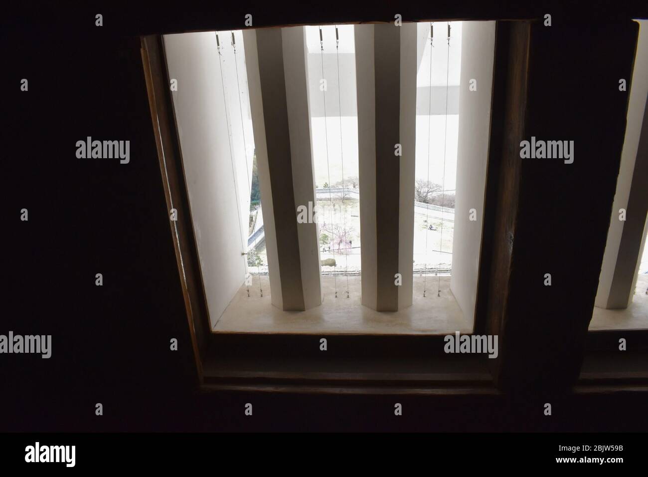 View from historical and traditional style of window in castle Himeji ...