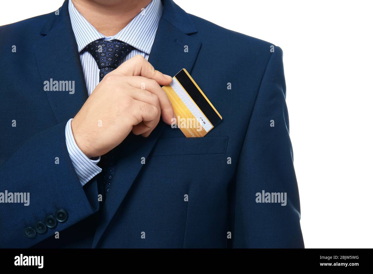 Man putting credit card in pocket on white background Stock Photo - Alamy