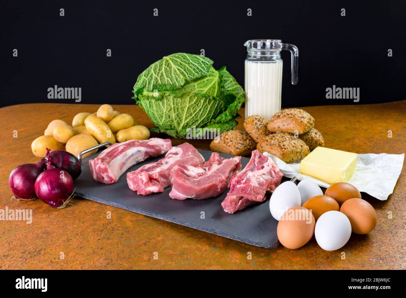 Food for basic needs. Unusual background made of rusty stainless steel ...