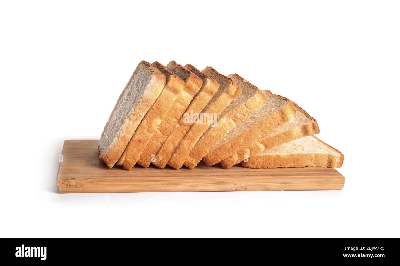 Wooden board with slices of bread for toasting on white background ...
