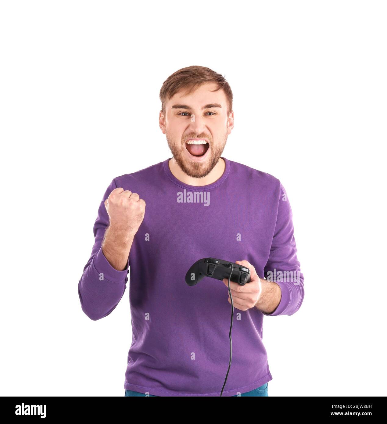 Happy man with video game controller on white background Stock Photo ...