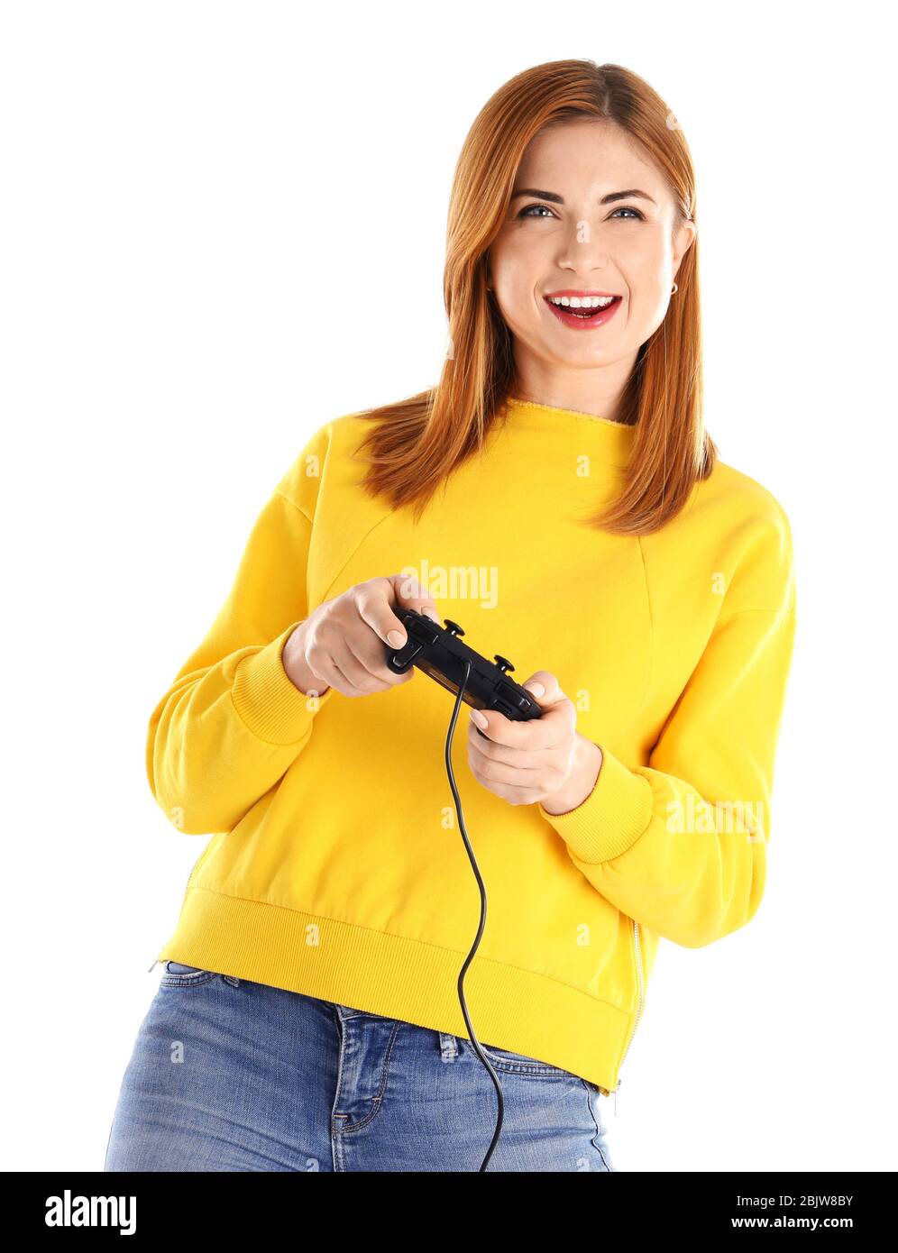 Happy woman with video game controller on white background Stock Photo ...