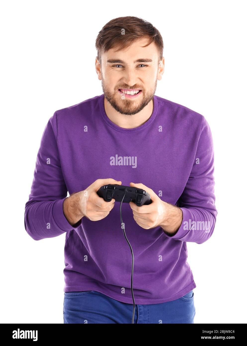 Happy man with video game controller on white background Stock Photo ...