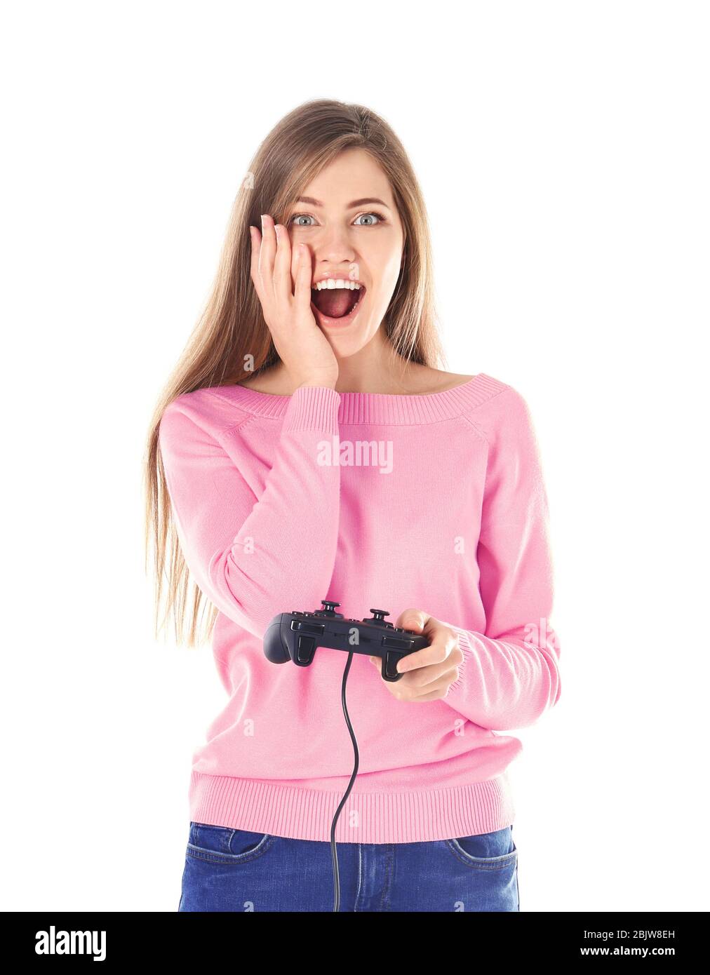 Happy woman with video game controller on white background Stock Photo ...