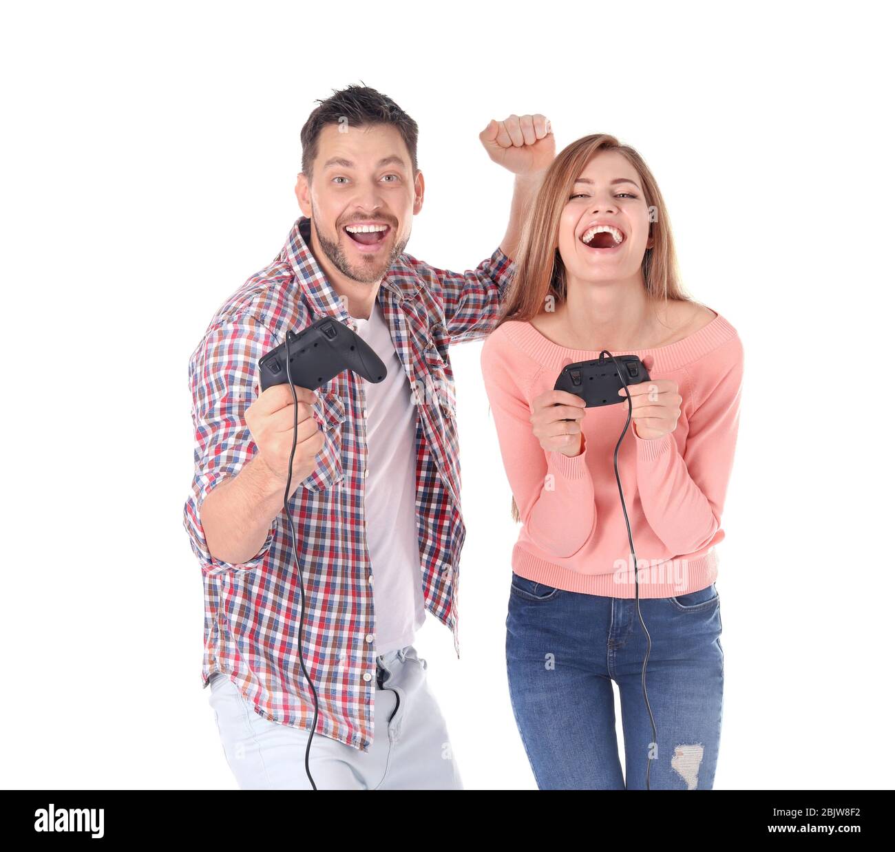 Happy couple with video game controllers on white background Stock ...