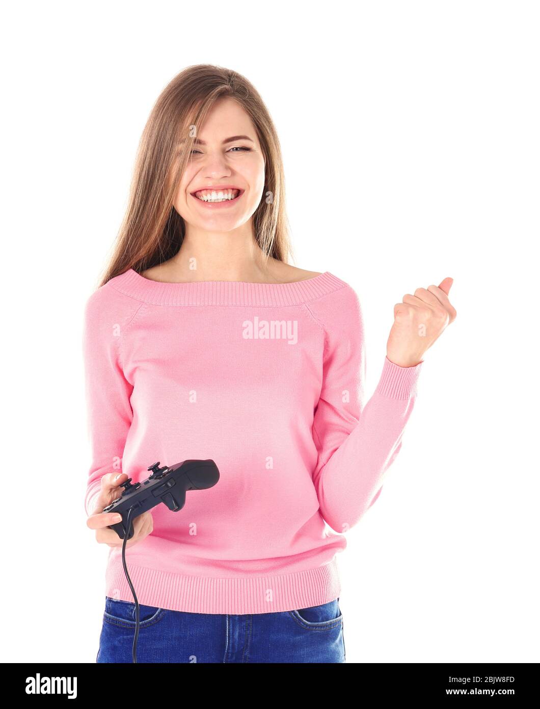 Happy woman with video game controller on white background Stock Photo ...