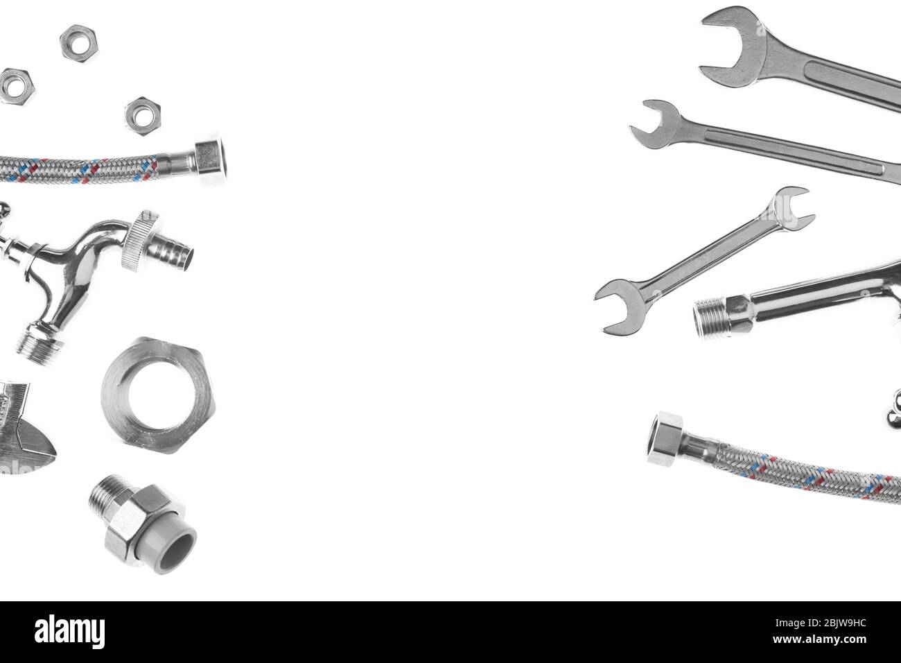 Plumber's items on white background Stock Photo - Alamy
