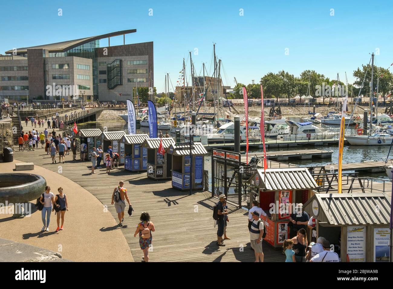 CARDIFF BAY, CARDIFF, WALES - JULY 2018: Wide angle view of the harbour ...