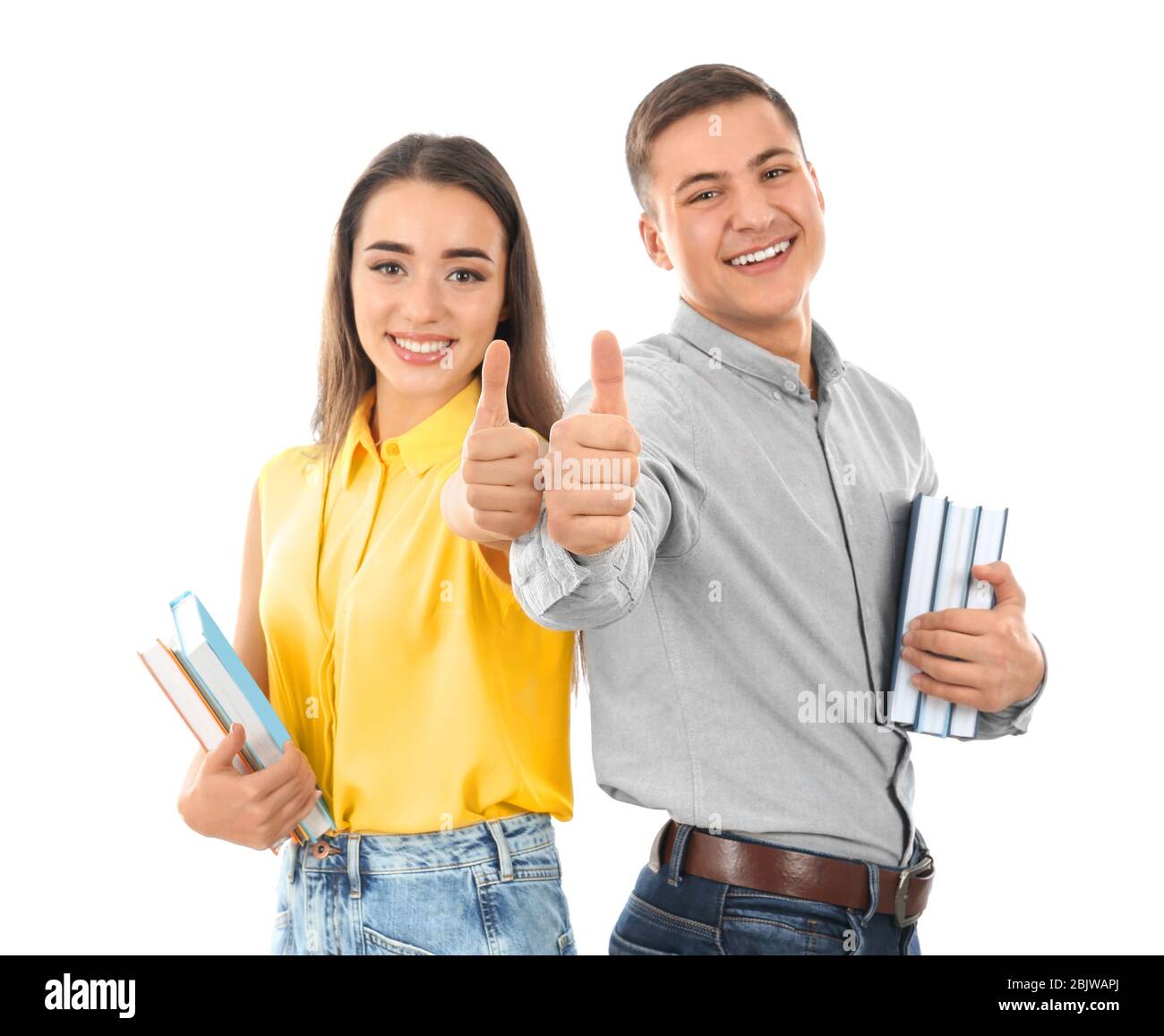 Happy students with books on white background. Exam result Stock Photo ...