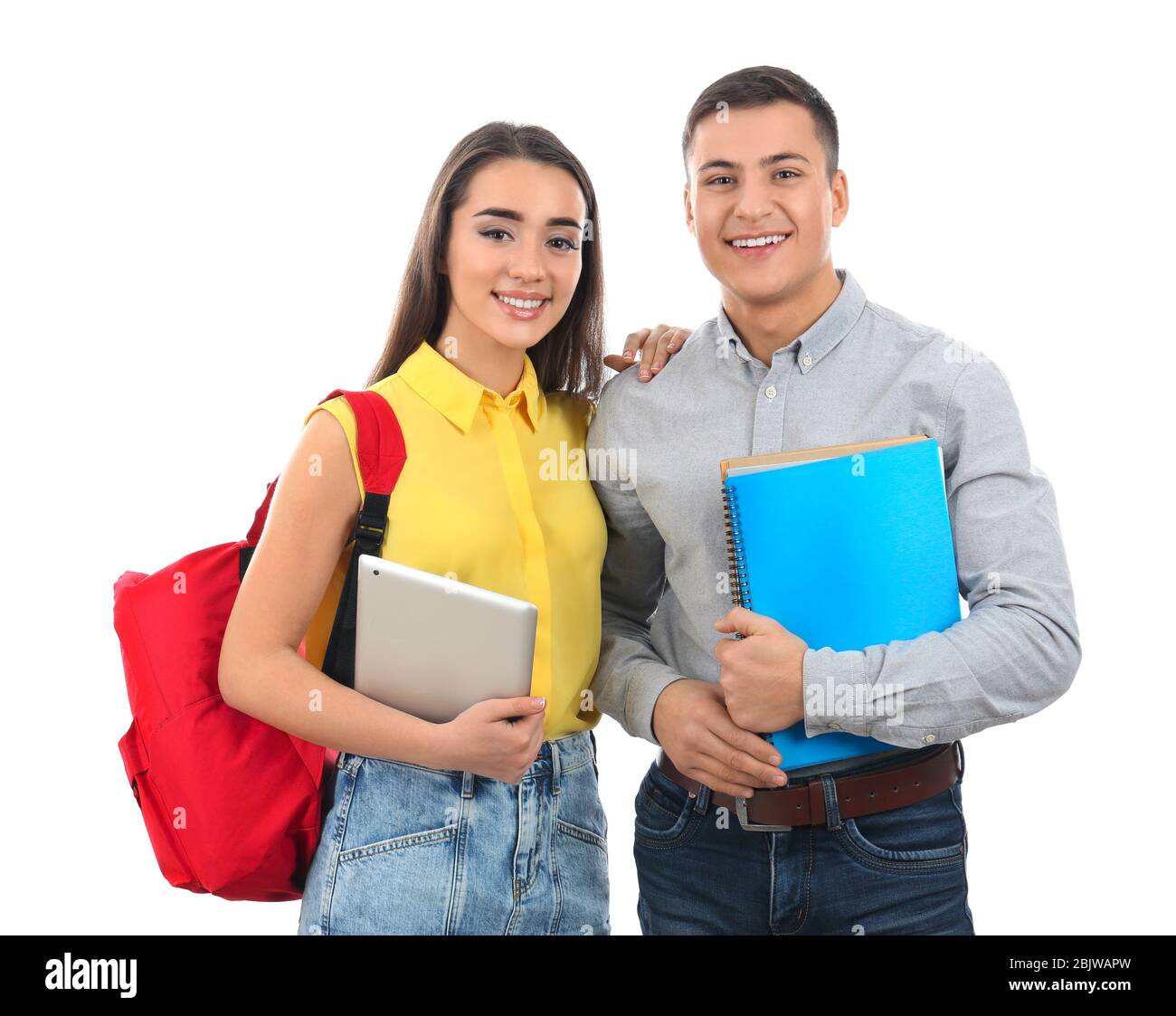 Happy students on white background. Preparing for exam Stock Photo - Alamy