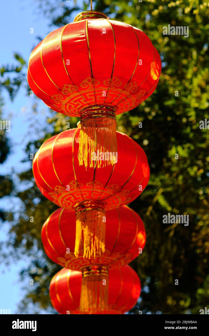 Red lanterns hanging in celebration of the National Day of China in ...