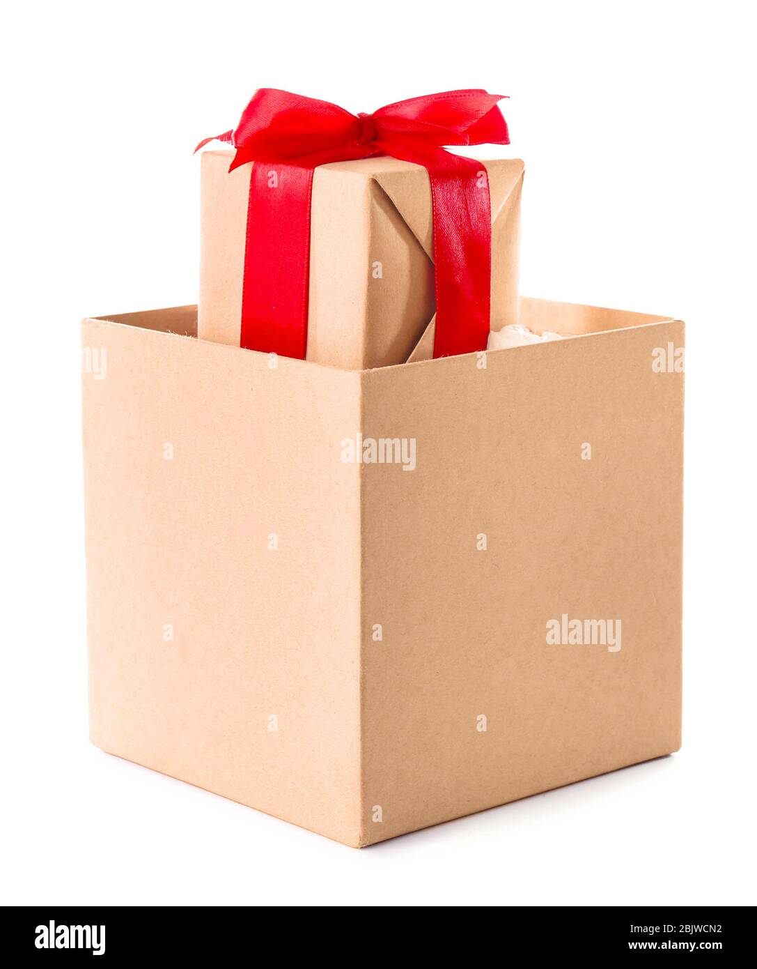 Gift box in parcel on white background Stock Photo - Alamy